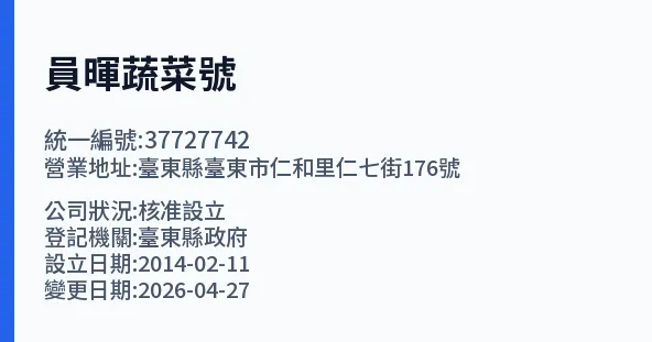 員暉蔬菜號的照片-統編 37727742(臺東縣) 公司登記資料與營業項目詳細圖表