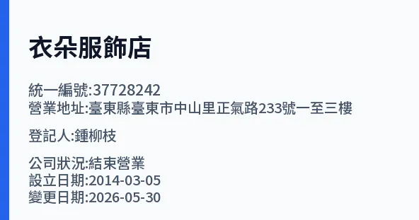 衣朵服飾店的照片-統編 37728242(臺東縣) 公司登記資料與營業項目詳細圖表