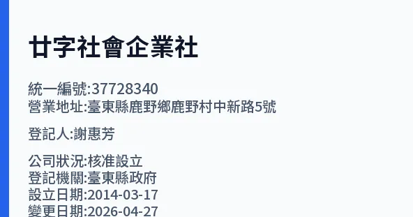 廿字社會企業社的照片-統編 37728340(臺東縣) 公司登記資料與營業項目詳細圖表