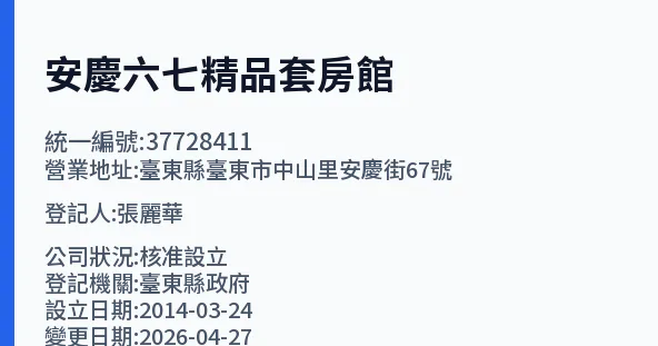 安慶六七精品套房館的照片-統編 37728411(臺東縣) 公司登記資料與營業項目詳細圖表