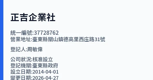 正吉企業社的照片-統編 37728762(臺東縣) 公司登記資料與營業項目詳細圖表