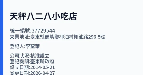 天秤八二八小吃店的照片-統編 37729544(臺東縣) 公司登記資料與營業項目詳細圖表