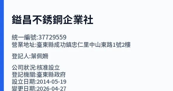 鎰昌不銹鋼企業社的照片-統編 37729559(臺東縣) 公司登記資料與營業項目詳細圖表