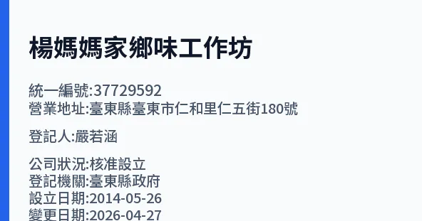 楊媽媽家鄉味工作坊的照片-統編 37729592(臺東縣) 公司登記資料與營業項目詳細圖表