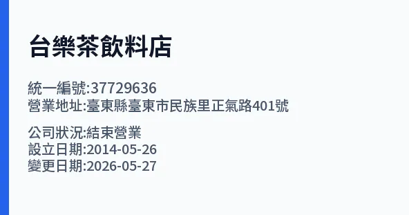 台樂茶飲料店的照片-統編 37729636(臺東縣) 公司登記資料與營業項目詳細圖表