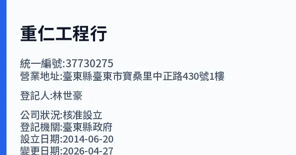 重仁工程行的照片-統編 37730275(臺東縣) 公司登記資料與營業項目詳細圖表