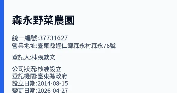 森永野菜農園的照片-統編 37731627(臺東縣) 公司登記資料與營業項目詳細圖表