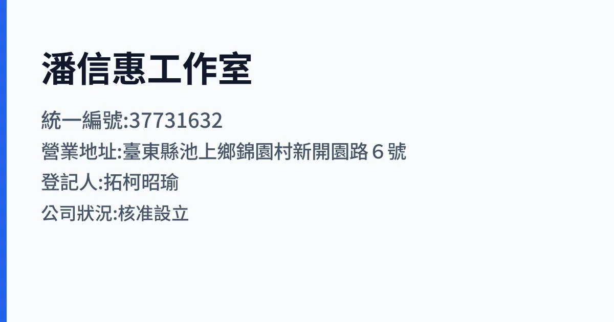 潘信惠工作室 - 統編 37731632(臺東縣) 公司登記資料與營業項目詳細圖表