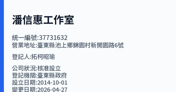 潘信惠工作室的照片-統編 37731632(臺東縣) 公司登記資料與營業項目詳細圖表