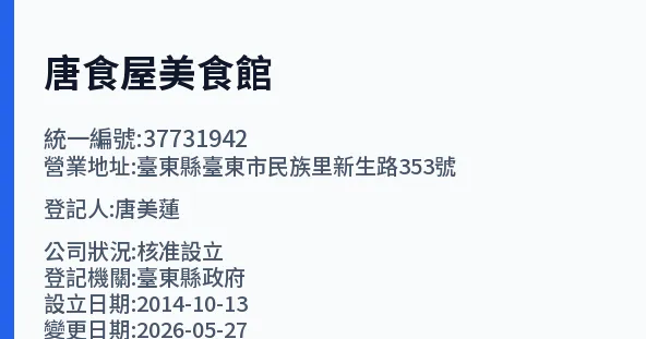 唐食屋美食館的照片-統編 37731942(臺東縣) 公司登記資料與營業項目詳細圖表