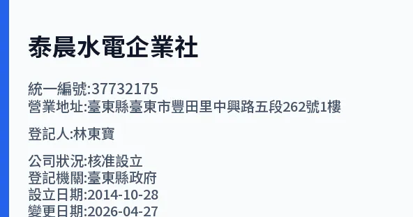 泰晨水電企業社的照片-統編 37732175(臺東縣) 公司登記資料與營業項目詳細圖表