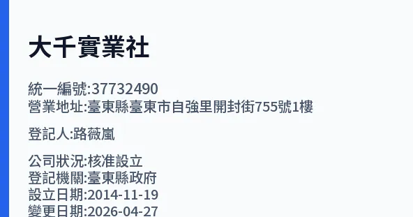 大千實業社的照片-統編 37732490(臺東縣) 公司登記資料與營業項目詳細圖表