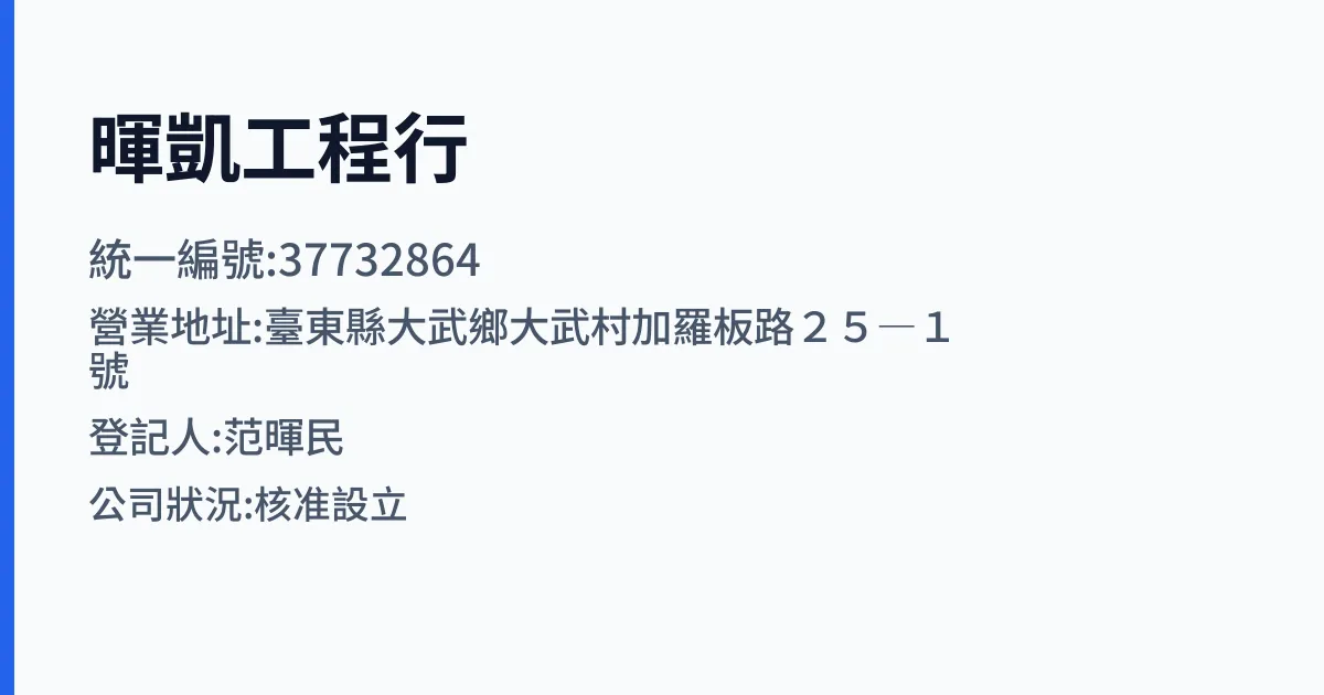 暉凱工程行 - 統編 37732864(臺東縣) 公司登記資料與營業項目詳細圖表