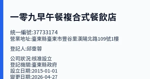 一零九早午餐複合式餐飲店的照片-統編 37733174(臺東縣) 公司登記資料與營業項目詳細圖表