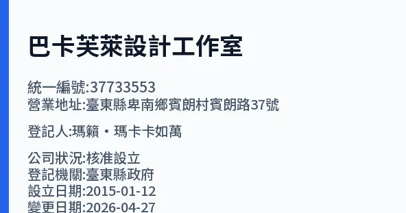 巴卡芙萊設計工作室的照片-統編 37733553(臺東縣) 公司登記資料與營業項目詳細圖表