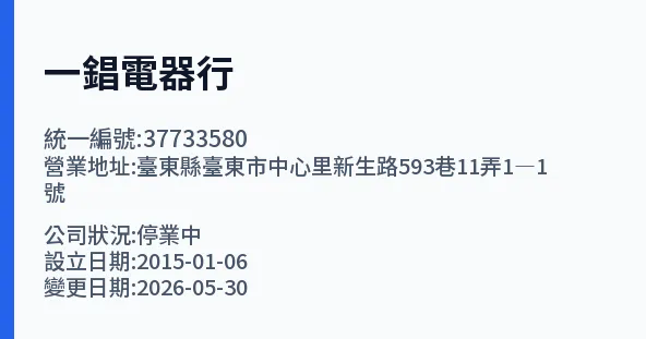 一錩電器行的照片-統編 37733580(臺東縣) 公司登記資料與營業項目詳細圖表