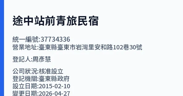 途中站前青旅民宿的照片-統編 37734336(臺東縣) 公司登記資料與營業項目詳細圖表