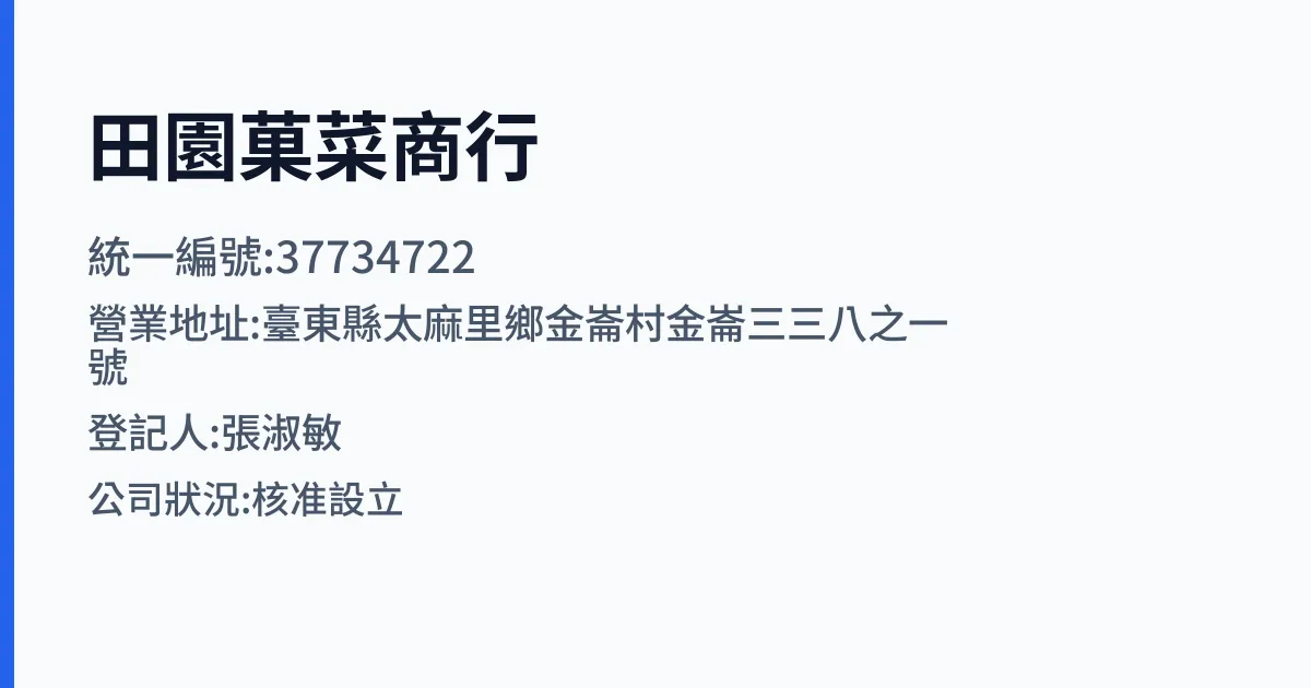 田園菓菜商行 - 統編 37734722(臺東縣) 公司登記資料與營業項目詳細圖表