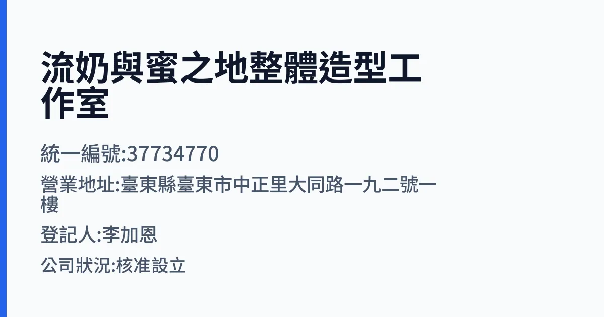 流奶與蜜之地整體造型工作室 - 統編 37734770(臺東縣) 公司登記資料與營業項目詳細圖表