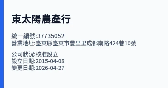 東太陽農產行的照片-統編 37735052(臺東縣) 公司登記資料與營業項目詳細圖表