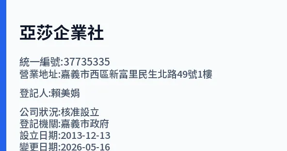 亞莎企業社的照片-統編 37735335(嘉義市) 公司登記資料與營業項目詳細圖表