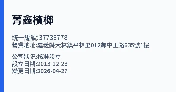菁鑫檳榔的照片-統編 37736778(嘉義縣) 公司登記資料與營業項目詳細圖表