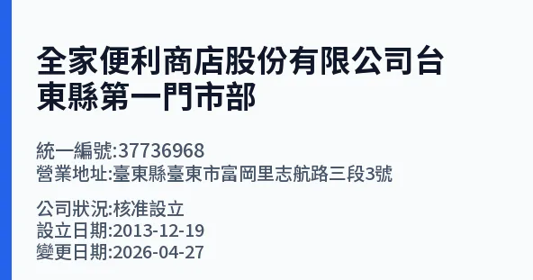 全家便利商店股份有限公司台東縣第一門市部的照片-統編 37736968(臺東縣) 公司登記資料與營業項目詳細圖表