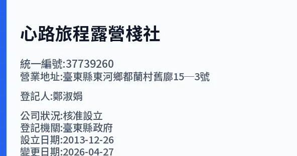 心路旅程露營棧社的照片-統編 37739260(臺東縣) 公司登記資料與營業項目詳細圖表