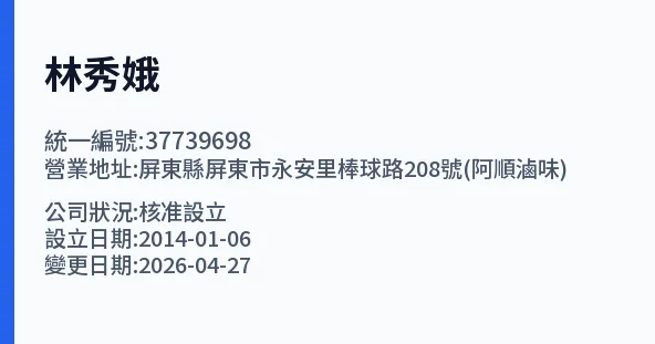 林秀娥的照片-統編 37739698(屏東縣) 公司登記資料與營業項目詳細圖表
