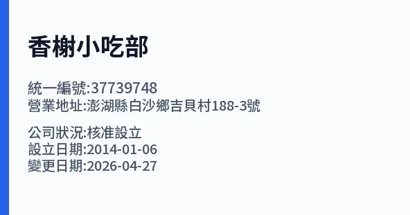 香榭小吃部的照片-統編 37739748(澎湖縣) 公司登記資料與營業項目詳細圖表