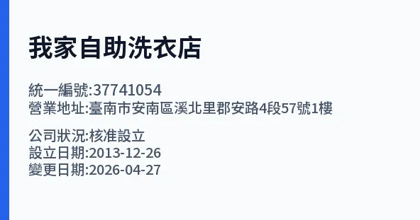 我家自助洗衣店的照片-統編 37741054(臺南市) 公司登記資料與營業項目詳細圖表