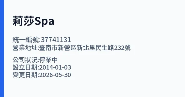 莉莎Spa的照片-統編 37741131(臺南市) 公司登記資料與營業項目詳細圖表