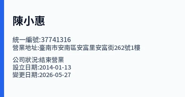 陳小惠的照片-統編 37741316(臺南市) 公司登記資料與營業項目詳細圖表