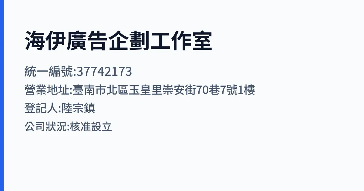 海伊廣告企劃工作室 - 統編 37742173(臺南市) 公司登記資料與營業項目詳細圖表