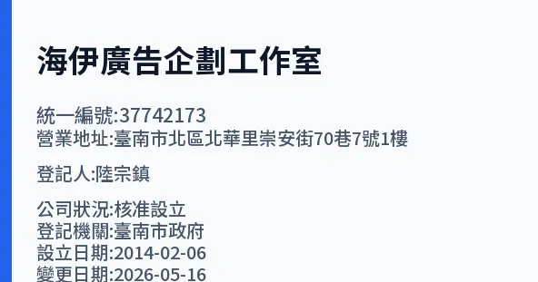 海伊廣告企劃工作室的照片-統編 37742173(臺南市) 公司登記資料與營業項目詳細圖表