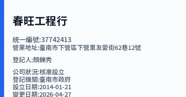 春旺工程行的照片-統編 37742413(臺南市) 公司登記資料與營業項目詳細圖表