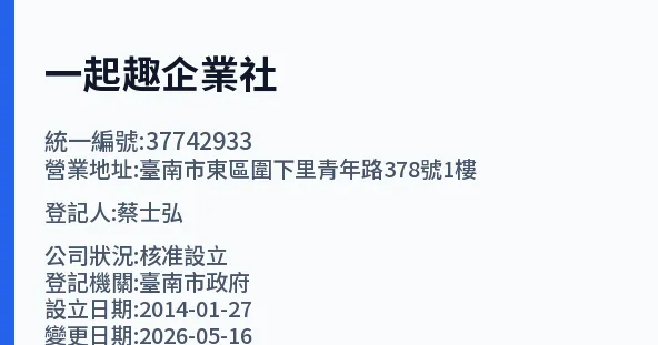 一起趣企業社的照片-統編 37742933(臺南市) 公司登記資料與營業項目詳細圖表
