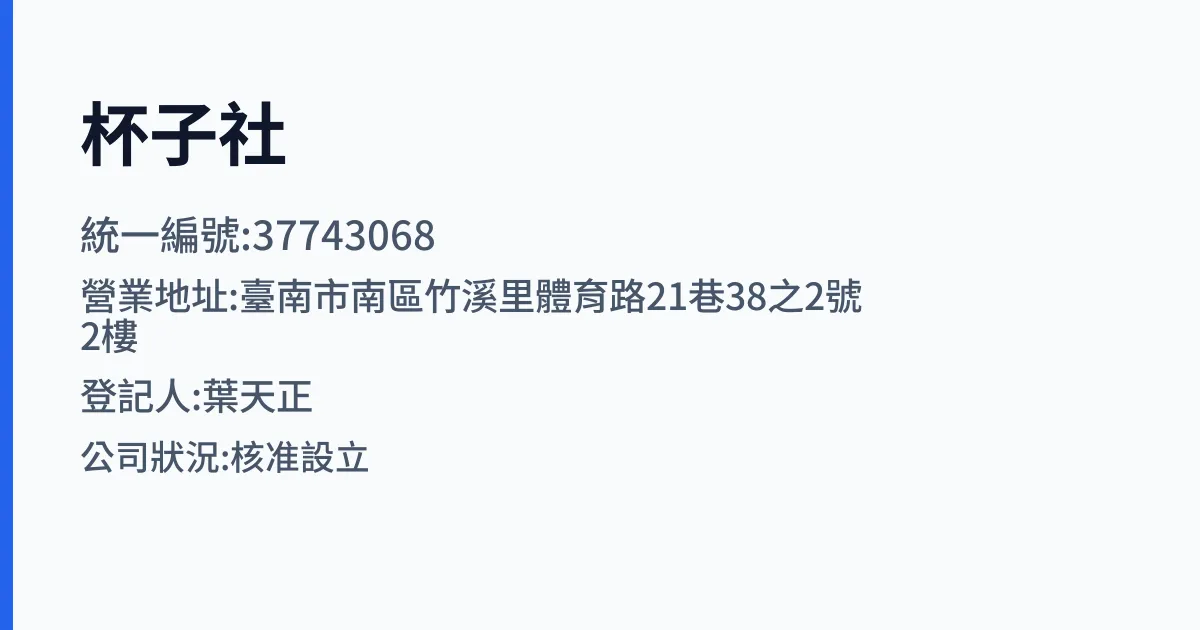 杯子社 - 統編 37743068(臺南市) 公司登記資料與營業項目詳細圖表