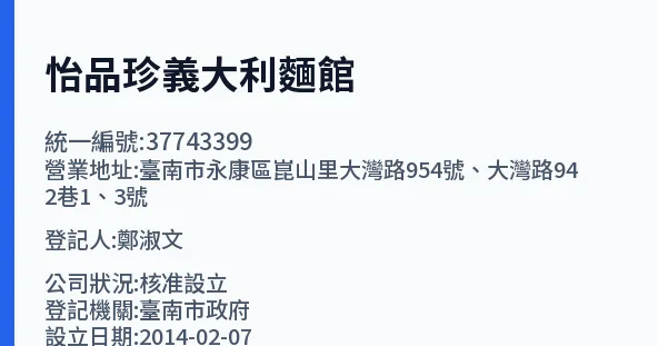 怡品珍義大利麵館的照片-統編 37743399(臺南市) 公司登記資料與營業項目詳細圖表