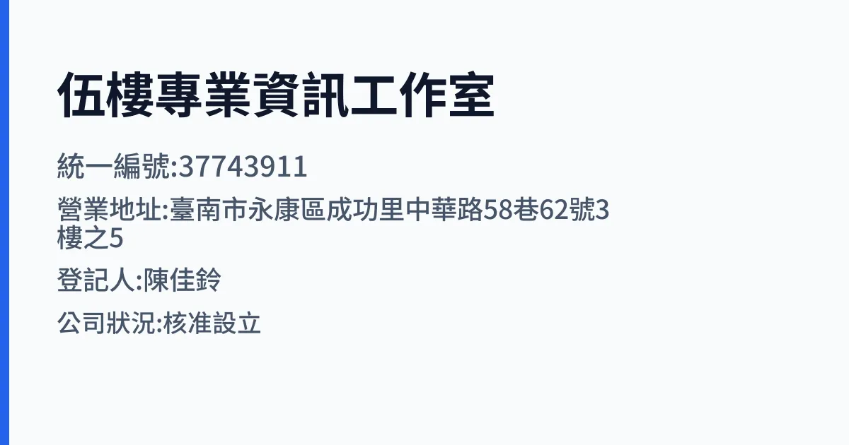伍樓專業資訊工作室 - 統編 37743911(臺南市) 公司登記資料與營業項目詳細圖表