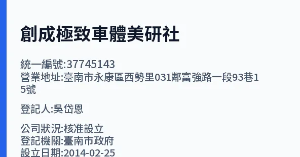 創成極致車體美研社的照片-統編 37745143(臺南市) 公司登記資料與營業項目詳細圖表