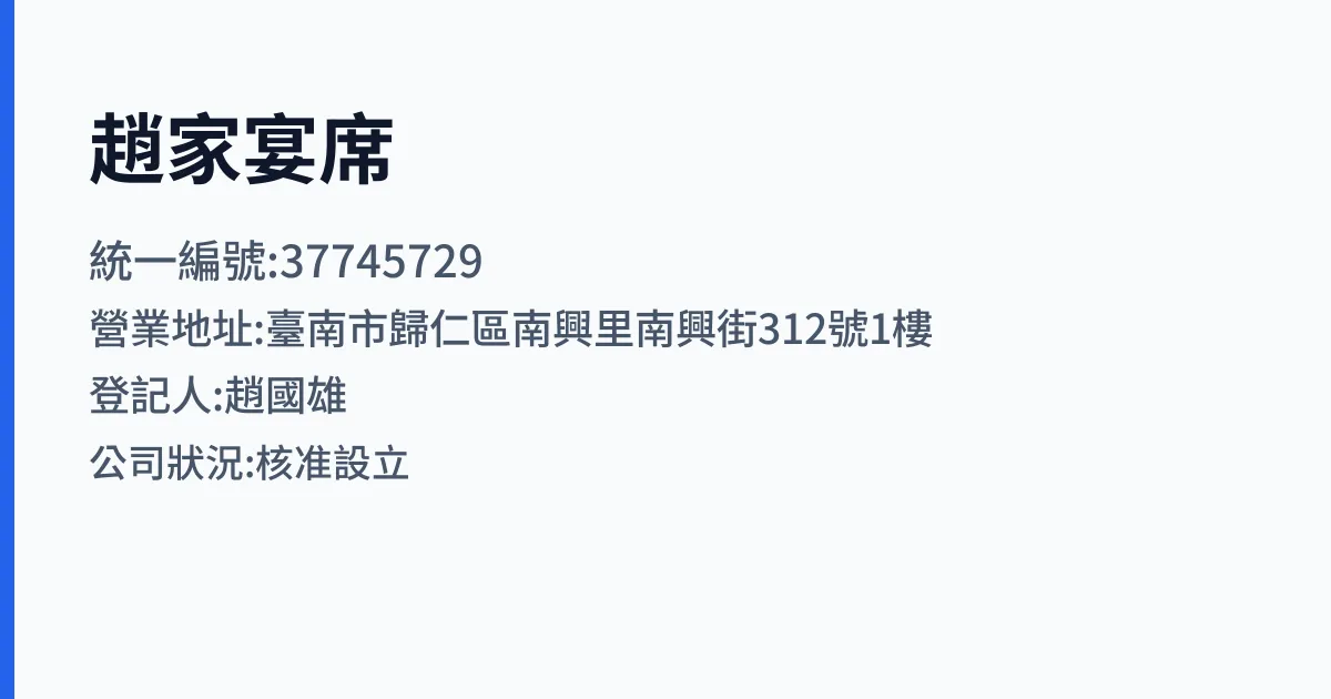 趙家宴席 - 統編 37745729(臺南市) 公司登記資料與營業項目詳細圖表