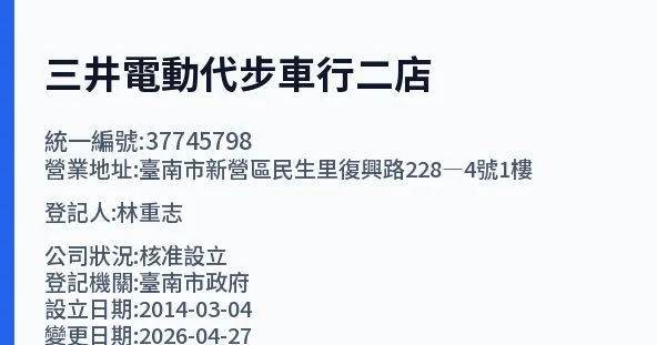 三井電動代步車行二店的照片-統編 37745798(臺南市) 公司登記資料與營業項目詳細圖表