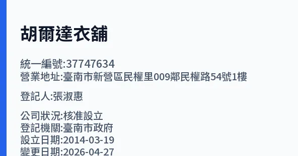 胡爾達衣舖的照片-統編 37747634(臺南市) 公司登記資料與營業項目詳細圖表