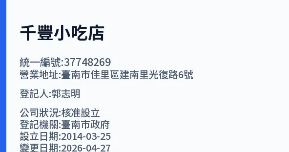 千豐小吃店的照片-統編 37748269(臺南市) 公司登記資料與營業項目詳細圖表