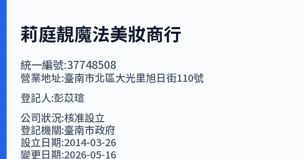 莉庭靚魔法美妝商行的照片-統編 37748508(臺南市) 公司登記資料與營業項目詳細圖表