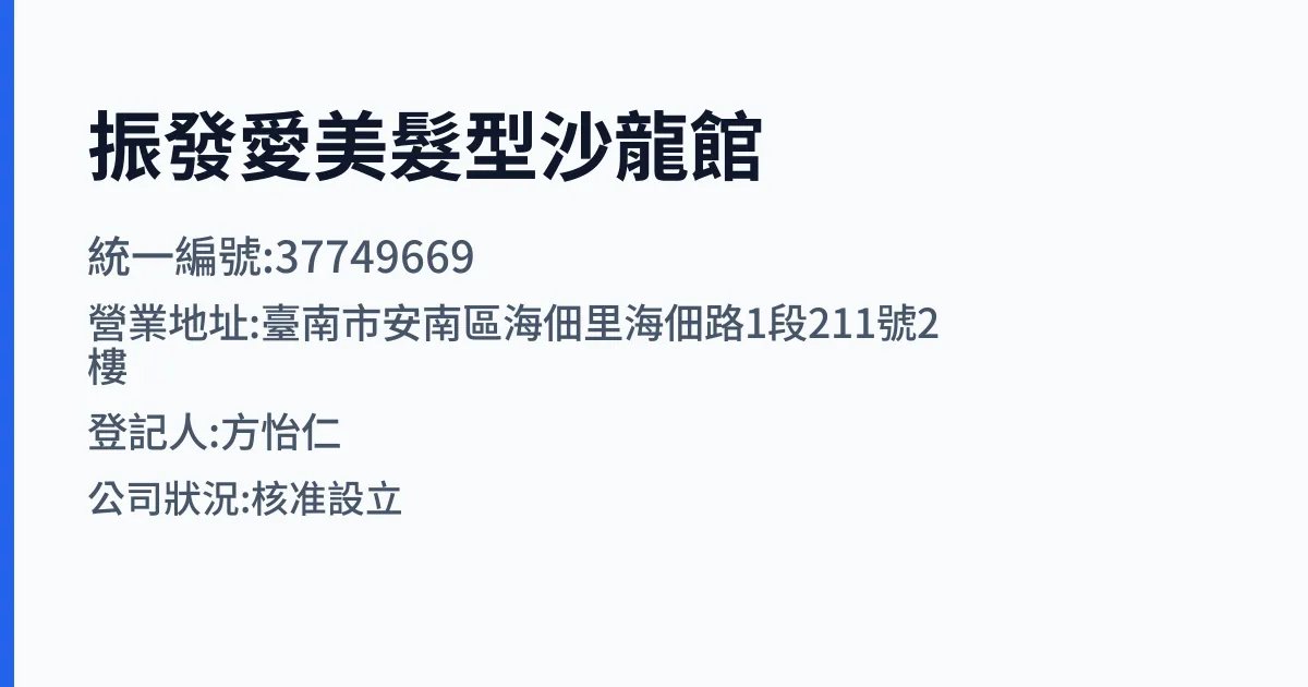 振發愛美髮型沙龍館 - 統編 37749669(臺南市) 公司登記資料與營業項目詳細圖表