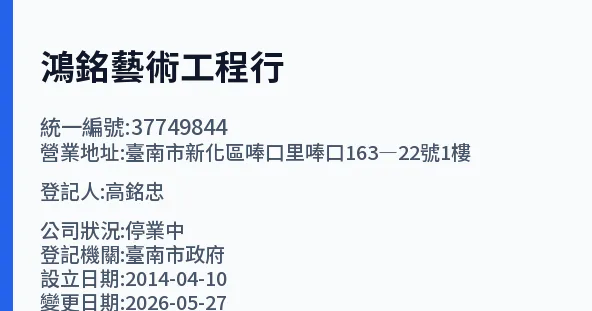 鴻銘藝術工程行的照片-統編 37749844(臺南市) 公司登記資料與營業項目詳細圖表