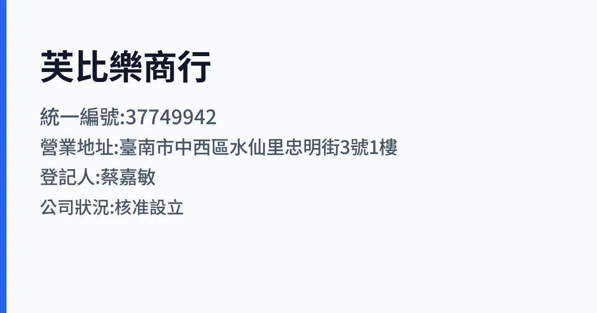 芙比樂商行 - 統編 37749942(臺南市) 公司登記資料與營業項目詳細圖表