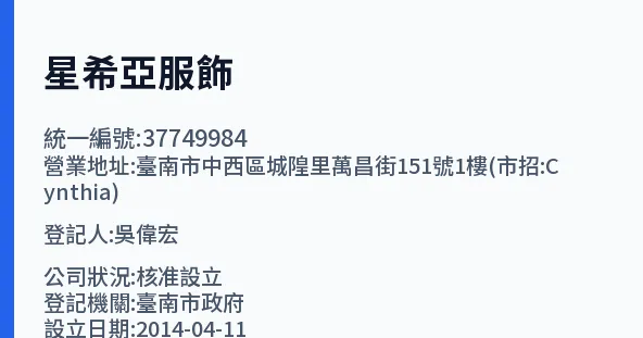 星希亞服飾的照片-統編 37749984(臺南市) 公司登記資料與營業項目詳細圖表